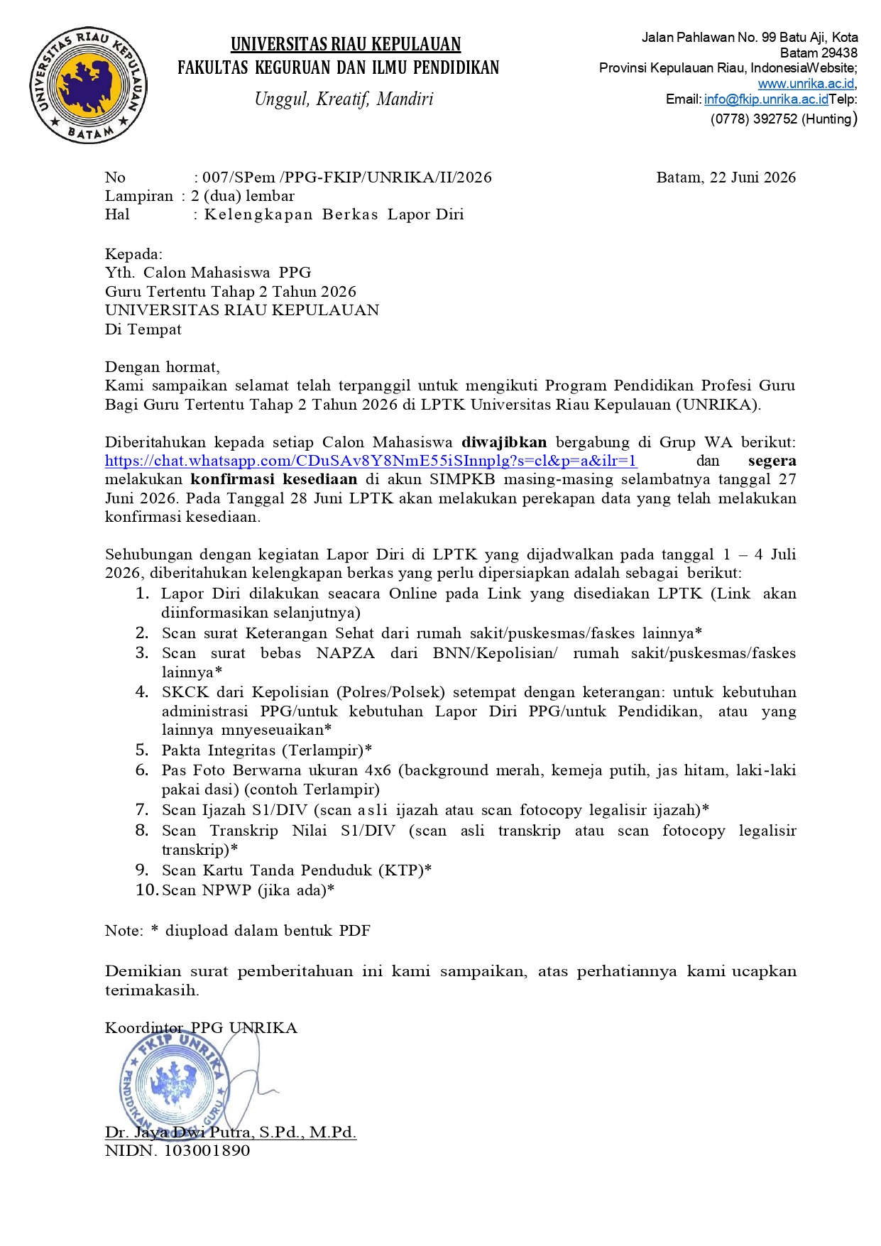 Surat Pemberitahuan Lapor Diri PPG Guru Tertentu Tahap 2 Tahun 2026 ...
